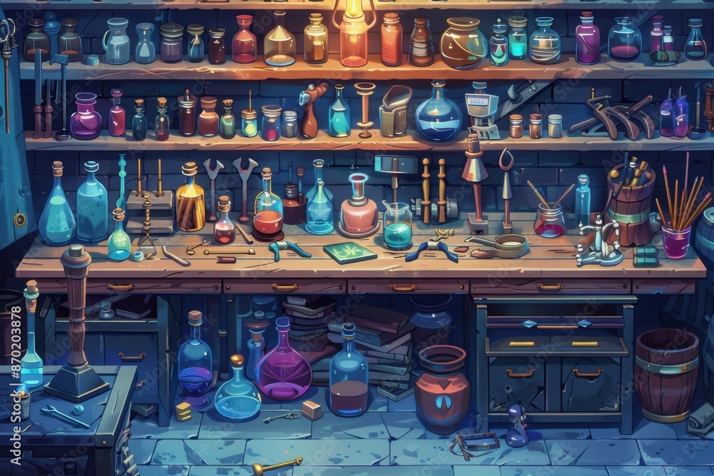Magical tools and enchanted objects fill a mystical workshop, depicted ...