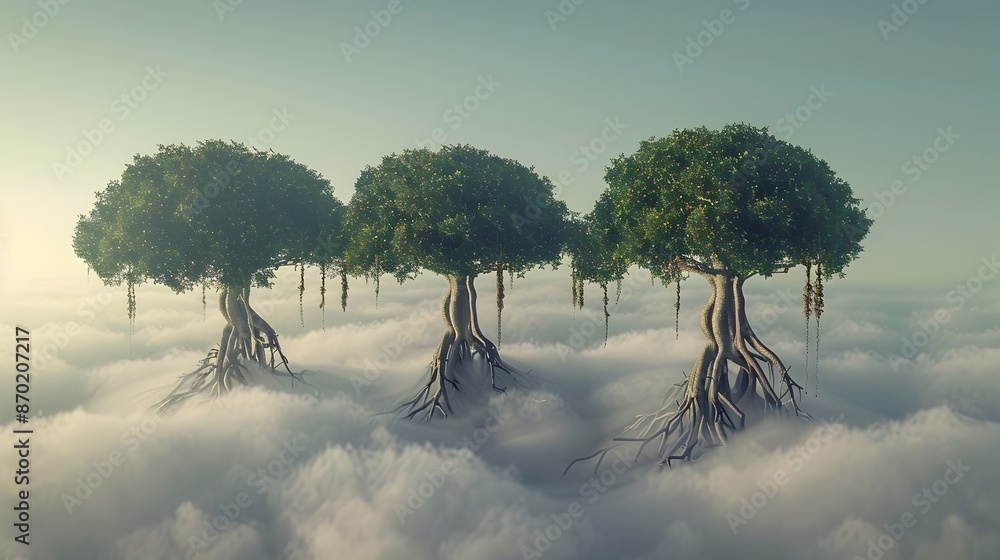 Ethereal Tree Roots Dangling from Floating Clouds in Surreal Landscape ...