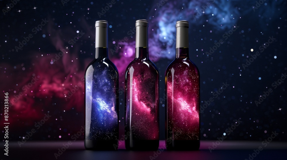 Cosmic-themed wine bottles with sparkling galaxies in the backdrop ...