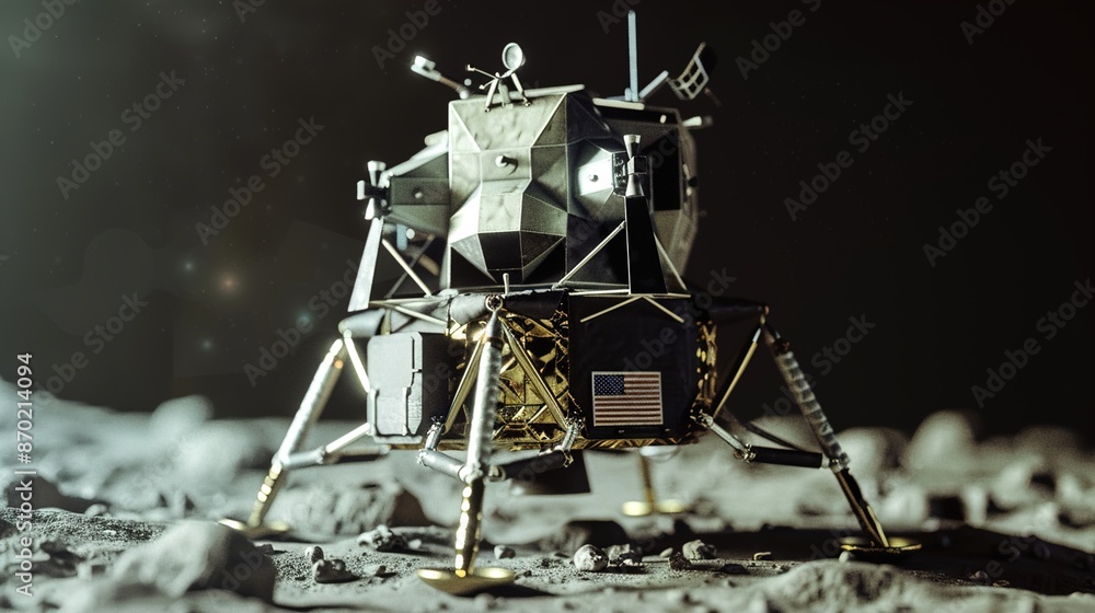 A detailed model of a toy lunar lander on a solid background, featuring ...