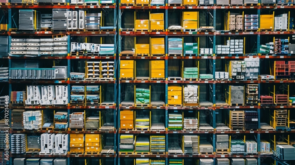 A detailed close-up of a warehouse section, shelves densely packed with ...