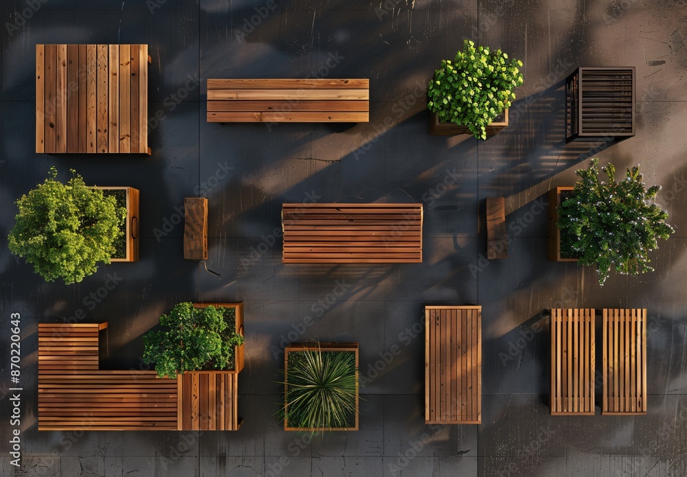 ooden landscaping Collection vector plan view symbols Set benches top ...