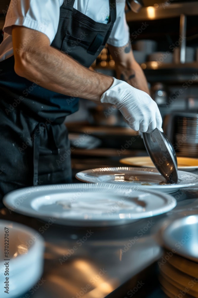 Professional Photography of a busser clearing a table. Show the ...