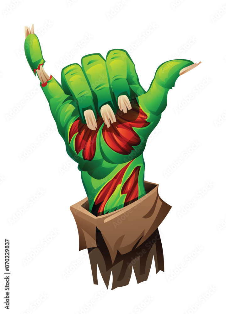 Zombie hand with torn skin making a shaka sign. Vector cartoon ...