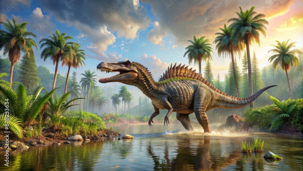 Spinosaurus Dinosaur Walking Through River With Trees And Plants Stock ...