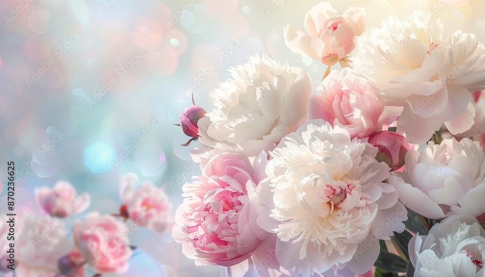 Blooming White and Pink Peonies with Petals and Buds, Pastel Background ...