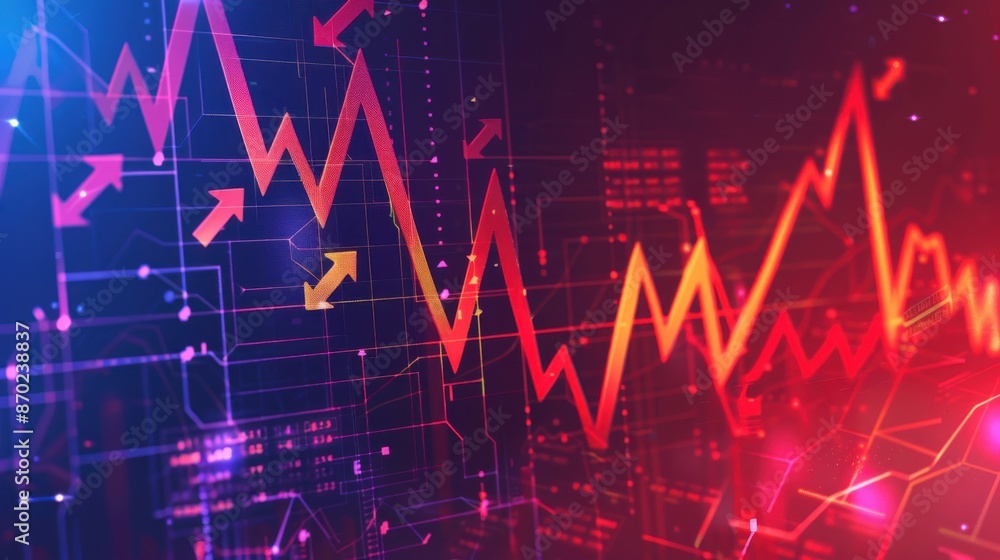 Digital currency dropping value with downward arrows, scifi tone ...