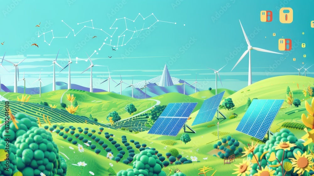 Diverse renewable energy sources in a green landscape, digital binary ...