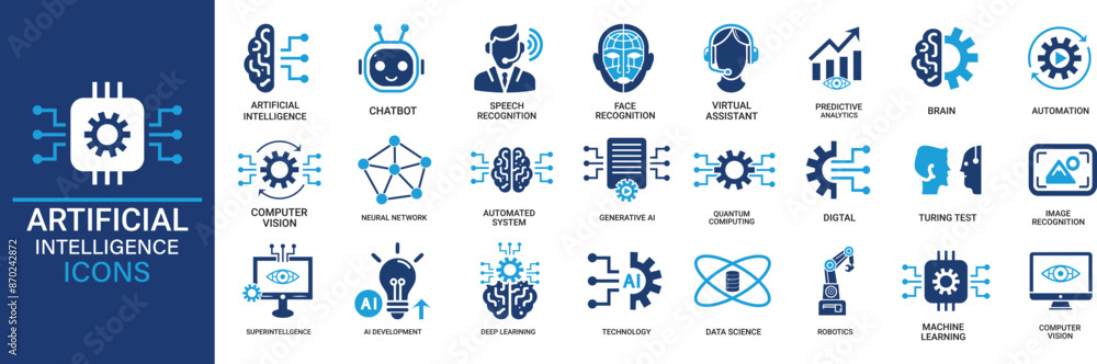 Artificial intelligence icon set. Containing machine learning, data science, AI, virtual ...