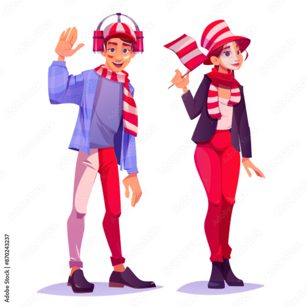 Football fan characters with red and white sport supporter attributes ...
