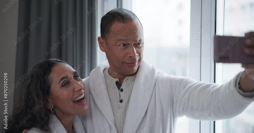 Happy couple, funny faces and window with selfie at resort for memory ...