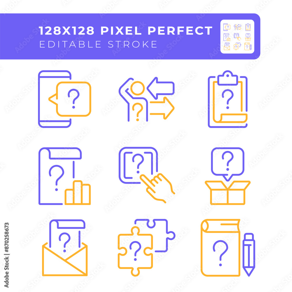 Asking questions two color line icons set. Symbols with question marks ...