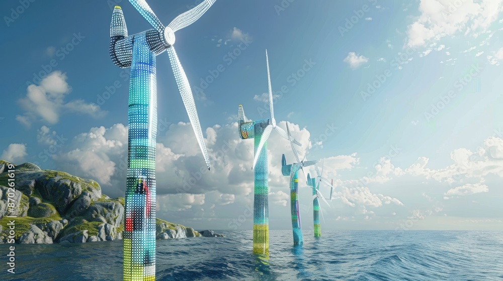 Wind turbines in a coastal area, digital binary as object, vivid color ...