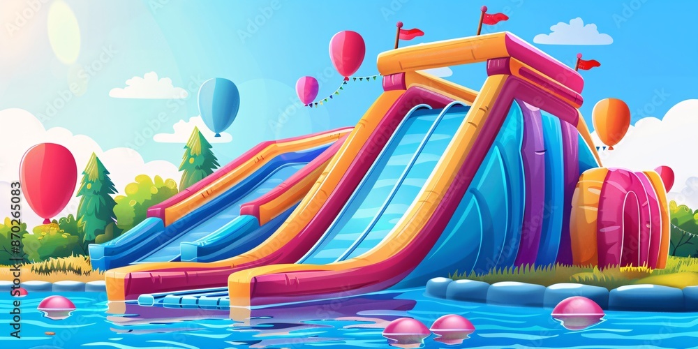 An air-filled jumping slide with a cartoon pool, water trampoline and ...