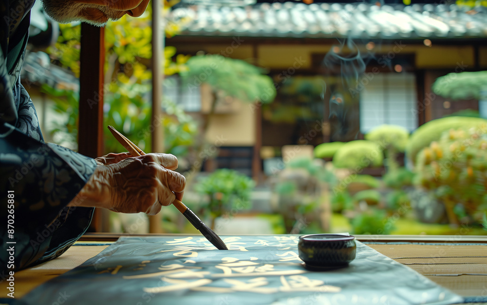 Elderly japanese man practicing shodo, the art of calligraphy, using a ...