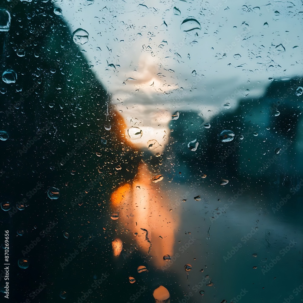 Image showing the sunset while it is raining heavily outside the window ...