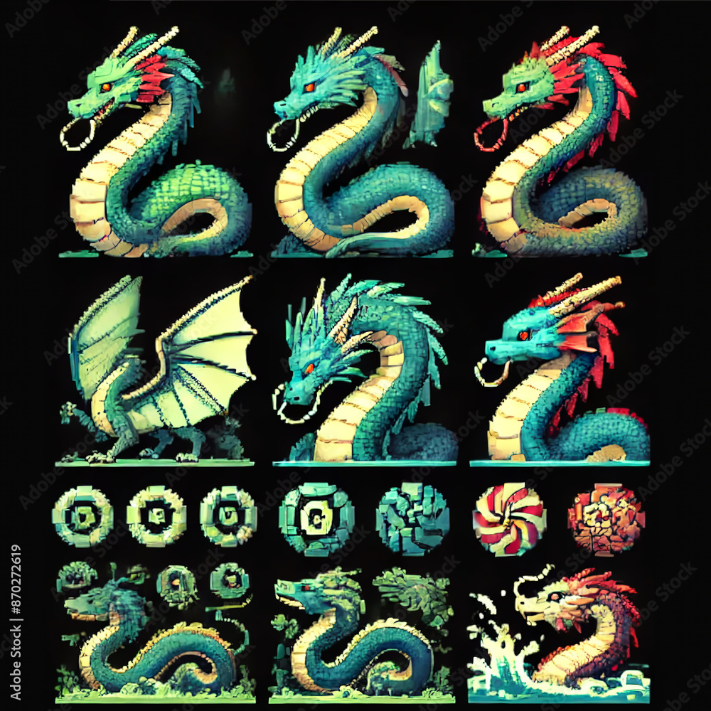 Detailed pixel art sprite sheet of RPG icons with Mizuchi theme ...