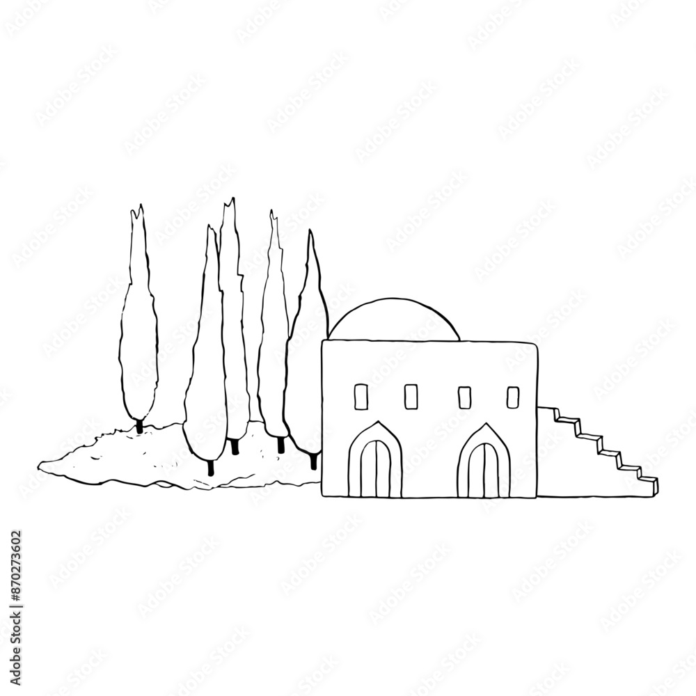 Jerusalem Bethlehem Arabic house with stairs and cypress trees line ...
