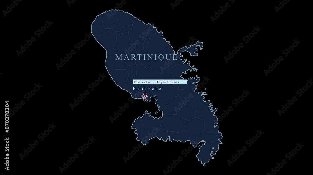 Blue stylized Martinique map with capital city and geographic ...