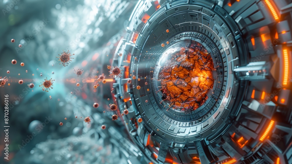 A futuristic 3D illustration of a virus being targeted by a nanobot inside a cell, representing ...