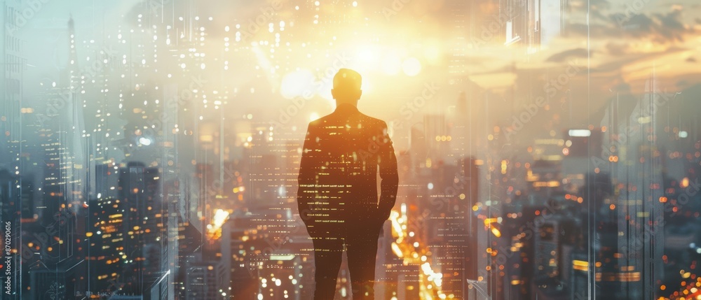 Executive in modern office, double exposure with city and digital data ...