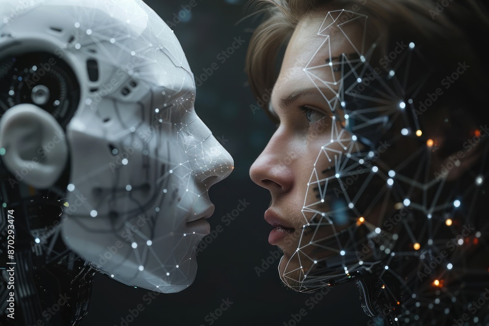 man face to face with white ai robot on black background. ai generative Stock Illustration ...
