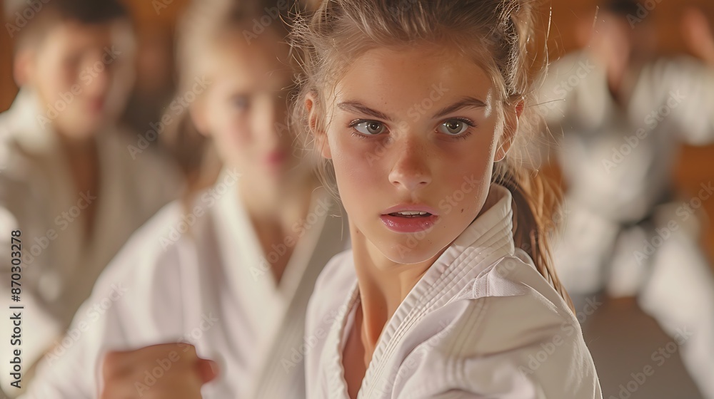A family practices martial arts together in a bright dojo. Focused ...