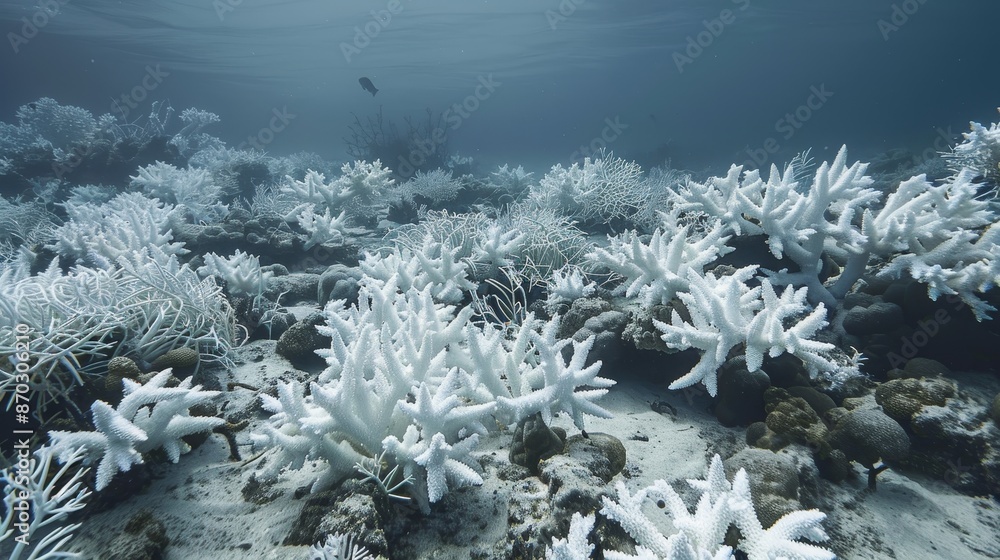 Bleached Coral Reef Underwater Scene cause by lose zooxanthellae with ...