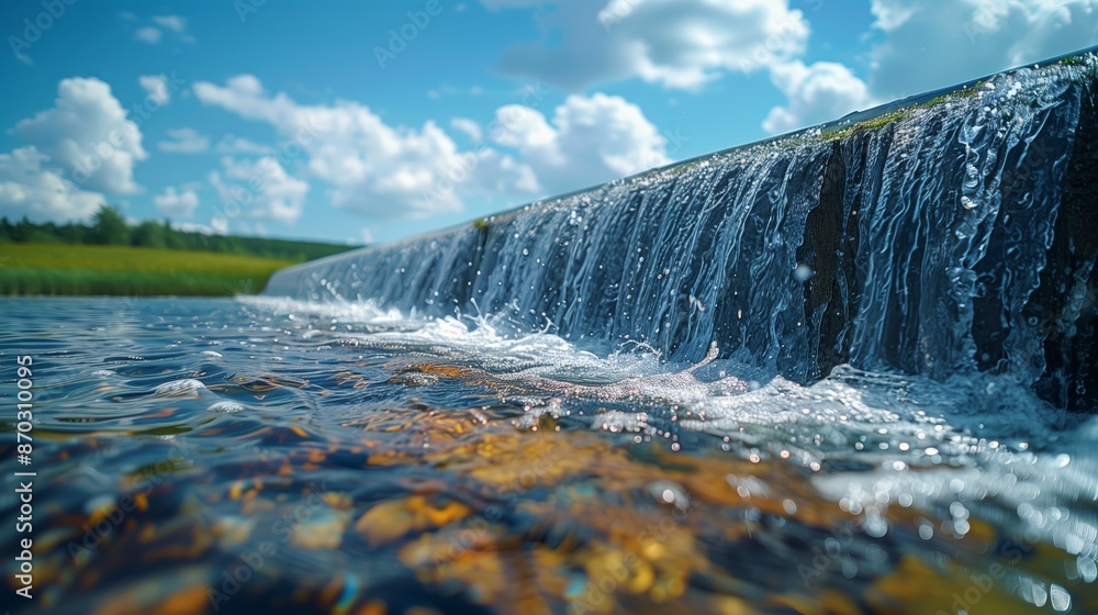 Clear sky and flowing water over dam structure. Clear sky and flowing ...