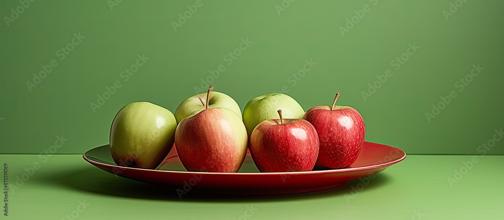 Apples without skin arranged on a green plate with a blank background ...