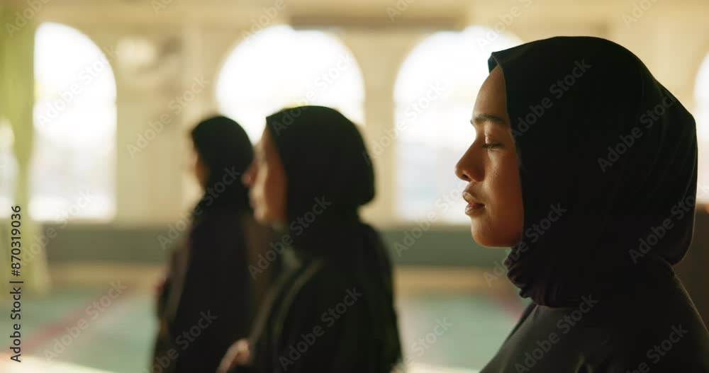 Islam, prayer and group of women in mosque for worship, spiritual ...