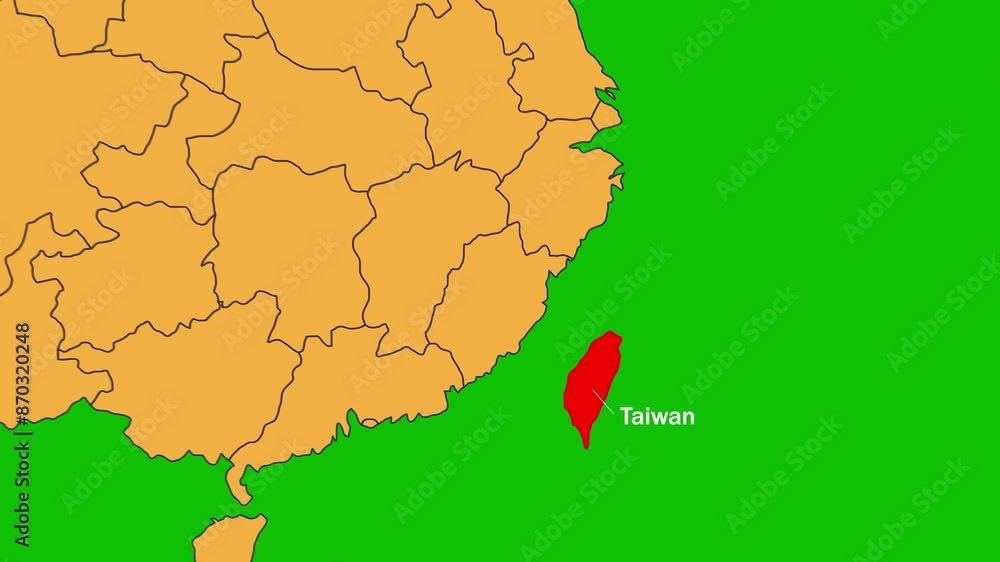 Taiwan map animated video. Taiwan location is highlighted on the China ...
