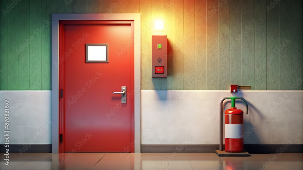 Emergency exit door with bright exit sign above and fire extinguisher ...