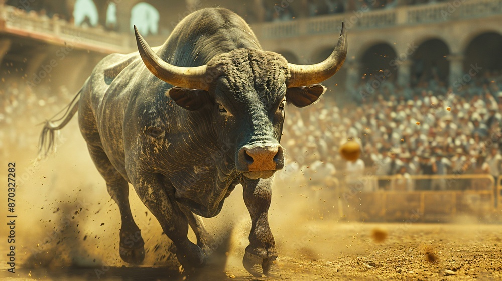 A bull stomping its feet in the arena Dust is swirling and the bulls ...
