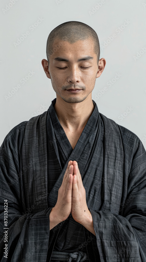 Middle aged monk man standing with praying pose and closed eyes wearing ...