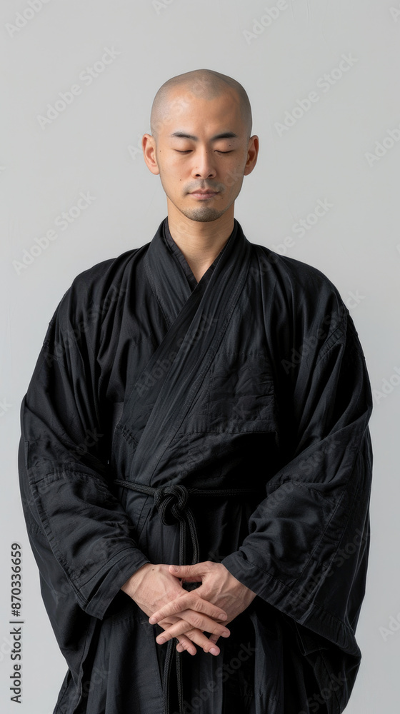 Middle aged monk man standing with praying pose and closed eyes wearing ...