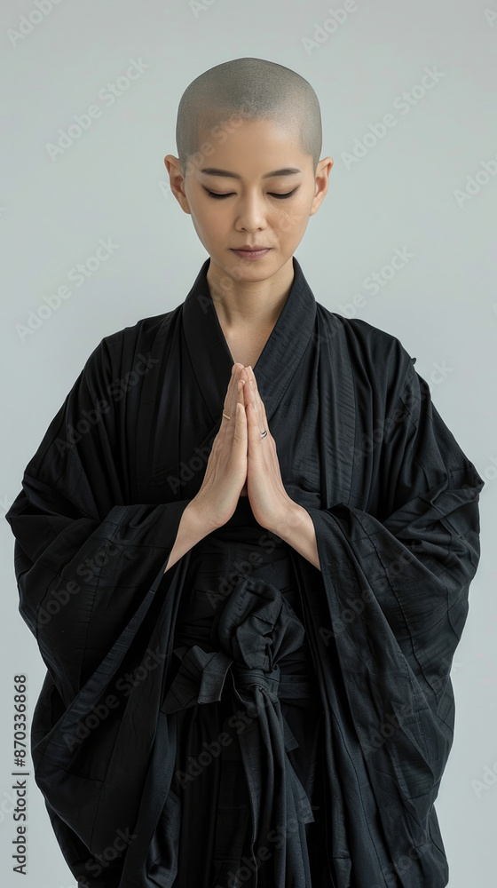 Middle aged female monk standing with praying pose and closed eyes ...