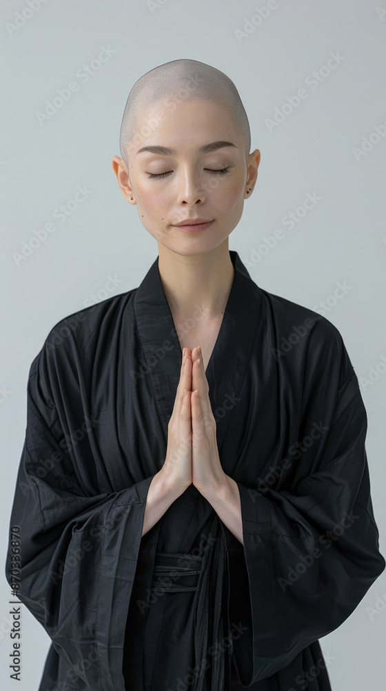 Middle aged female monk standing with praying pose and closed eyes ...