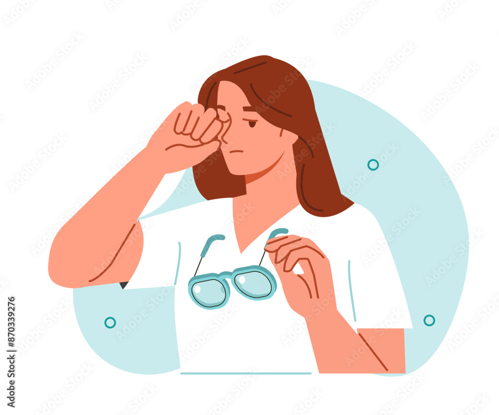 Woman suffer from eye pain and rub her tired eyes with hand ...