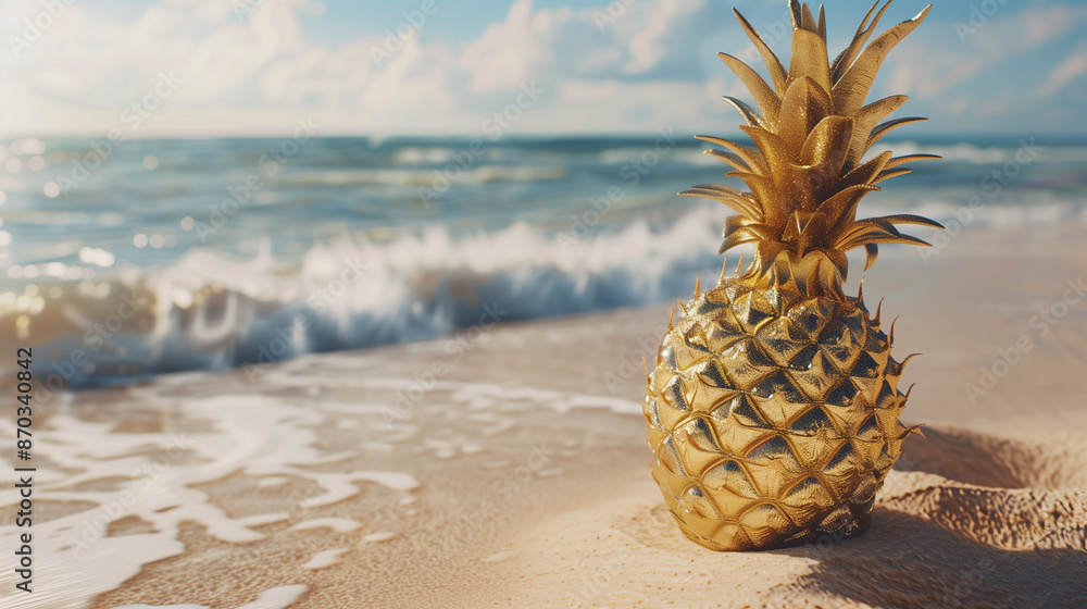 Shiny golden pineapple on a summer sand beach near blue ocean waves ...