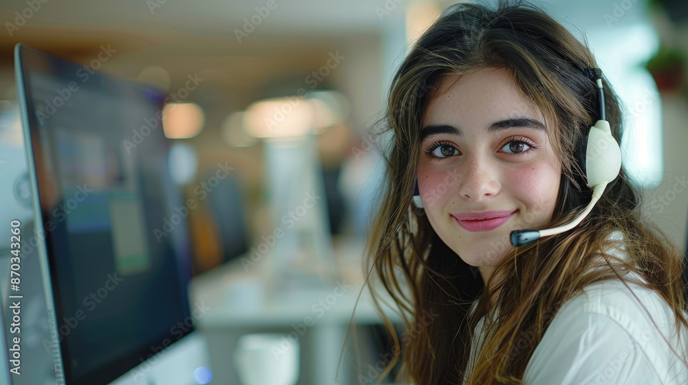 Friendly and beautiful Turkish girl wearing headset and microphone ...