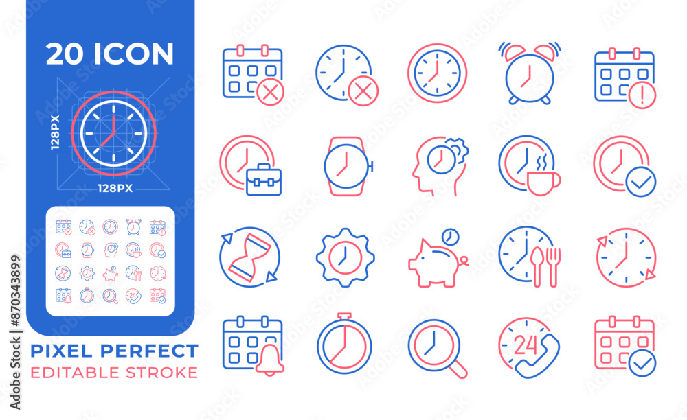 Time and clock two color line icons set. Working hours. Daily schedule ...