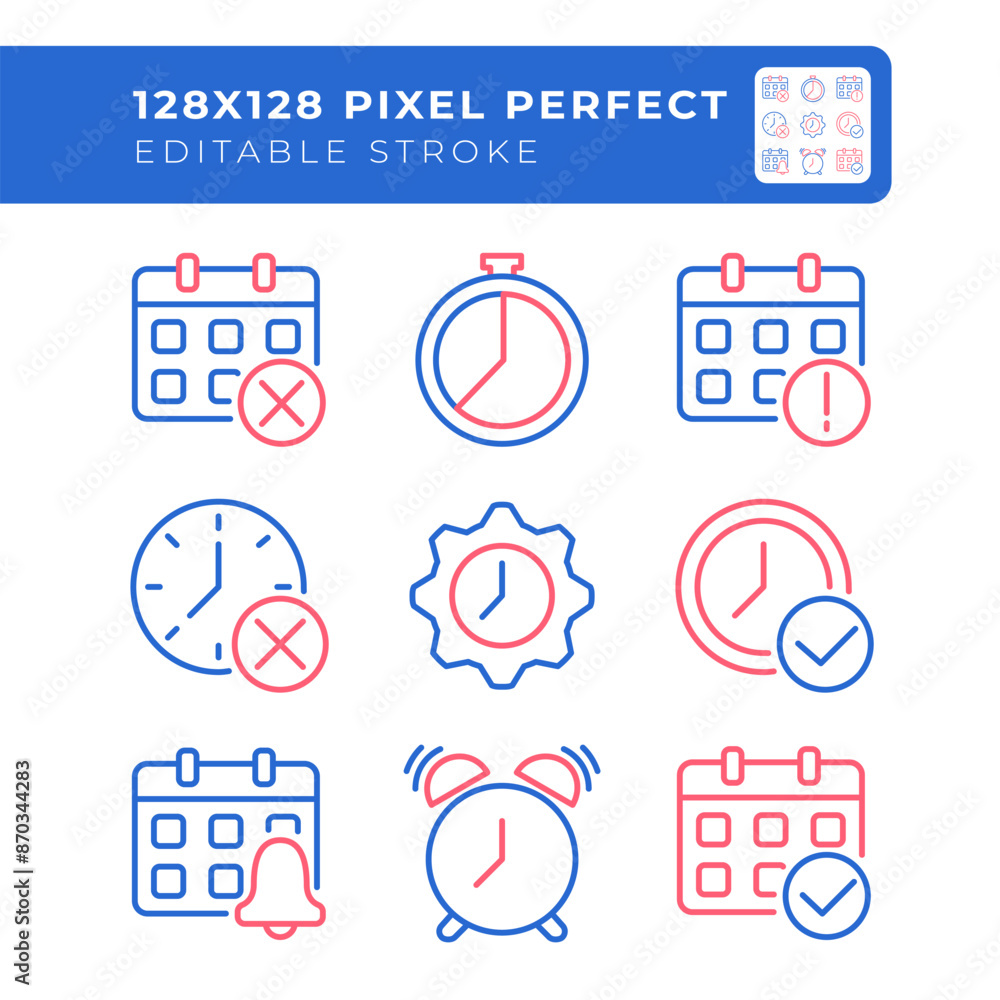 Time management two color line icons set. Calendar and clock icons ...