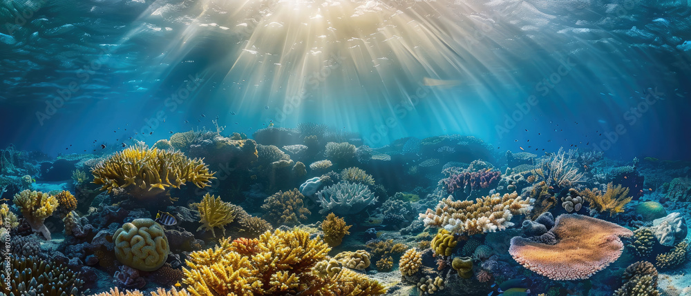 Views of colorful coral reefs and schools of fish as wide bright ...