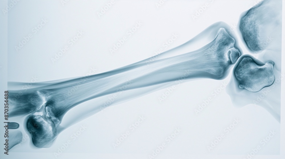 High-resolution X-ray of a broken femur bone with clear fracture lines ...