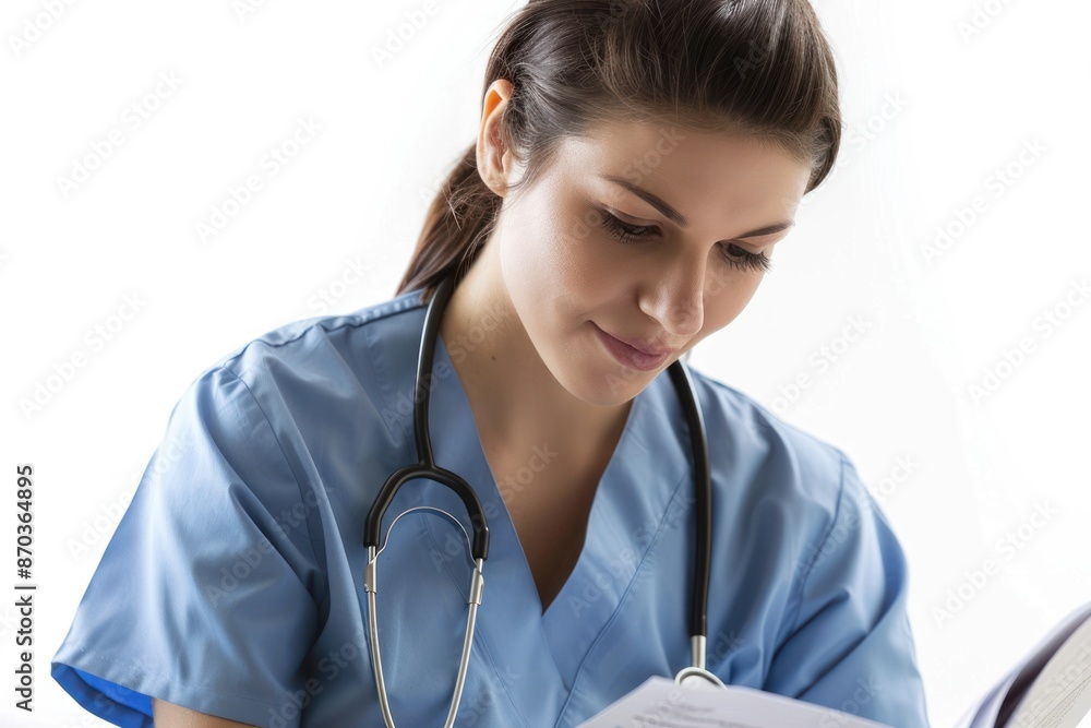 Nurse reading patient notes, thoughtful expression, Portrait half-body ...