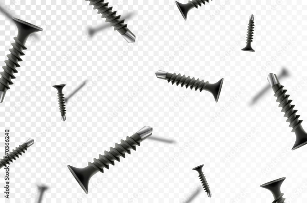 Flying metal self-tapping and screws isolated on transparent background ...