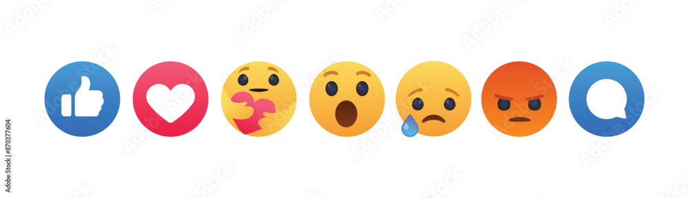 Facebook reactions. social media smiley emoji face ; thumb up icon ...