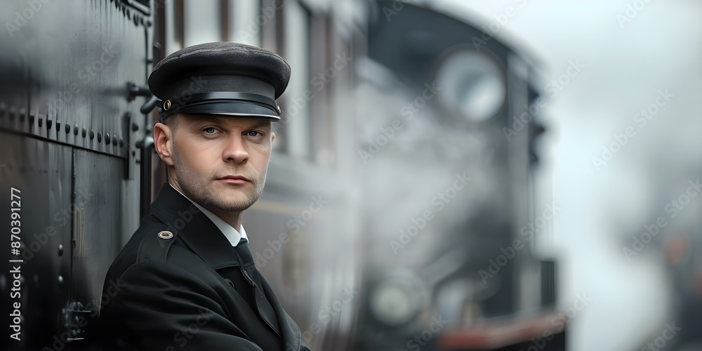 Serious train conductor in vintage uniform next to old steam engine ...