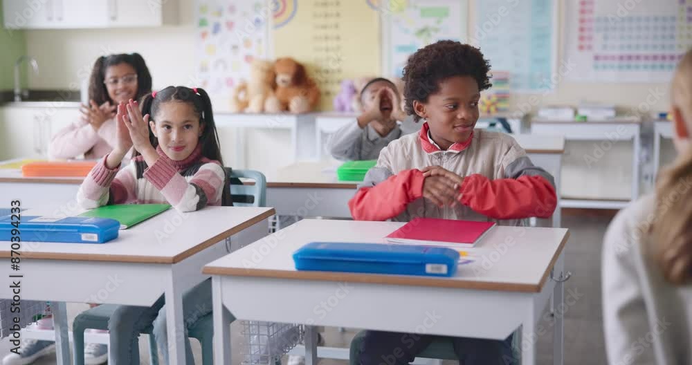 Children, applause and happy for presentation in classroom with oral ...